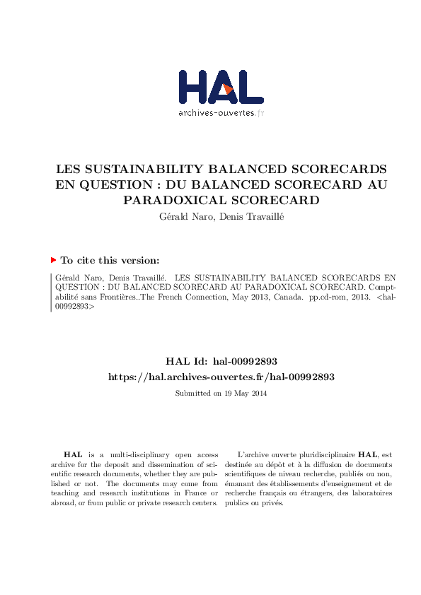 (PDF) Les Sustainability Balanced Scorecards en question : du Balanced ...