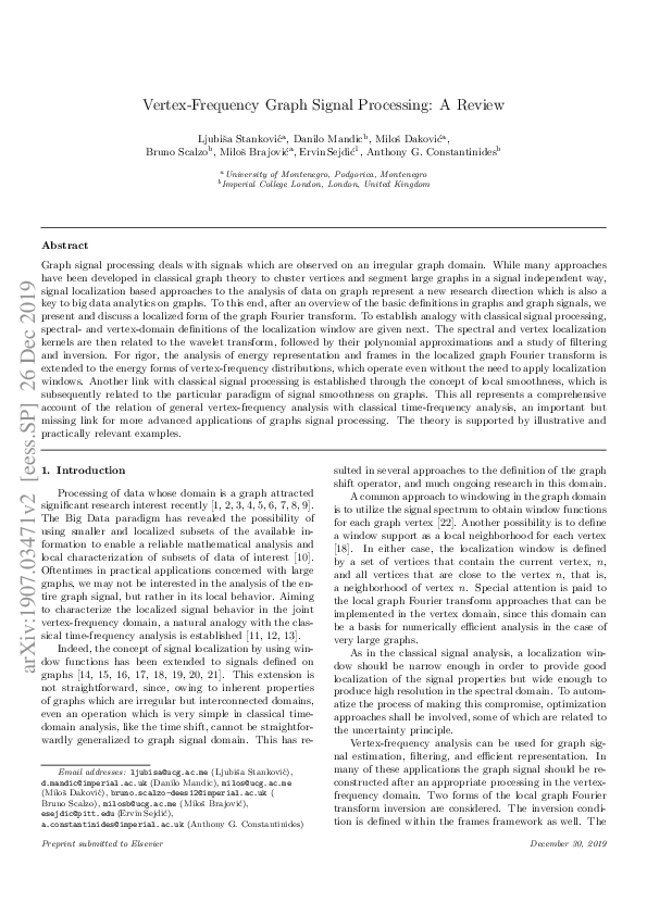 (PDF) Vertex-Frequency Graph Signal Processing: A review