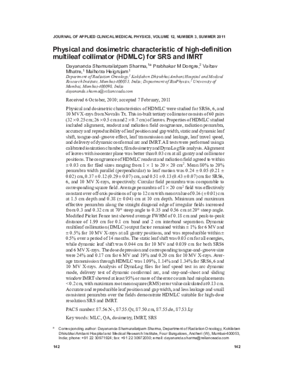 (PDF) Physical and dosimetric characteristic of high-definition multileaf collimator (HDMLC) for ...