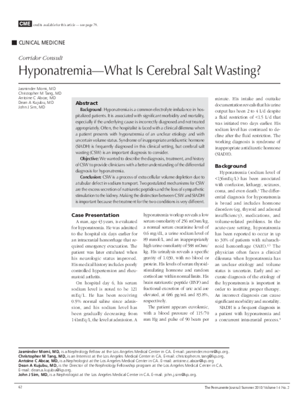 (PDF) Hyponatremia—What Is Cerebral Salt Wasting?