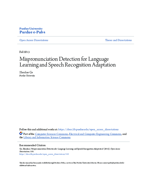 (PDF) Mispronunciation Detection for Language Learning and Speech Recognition Adaptation