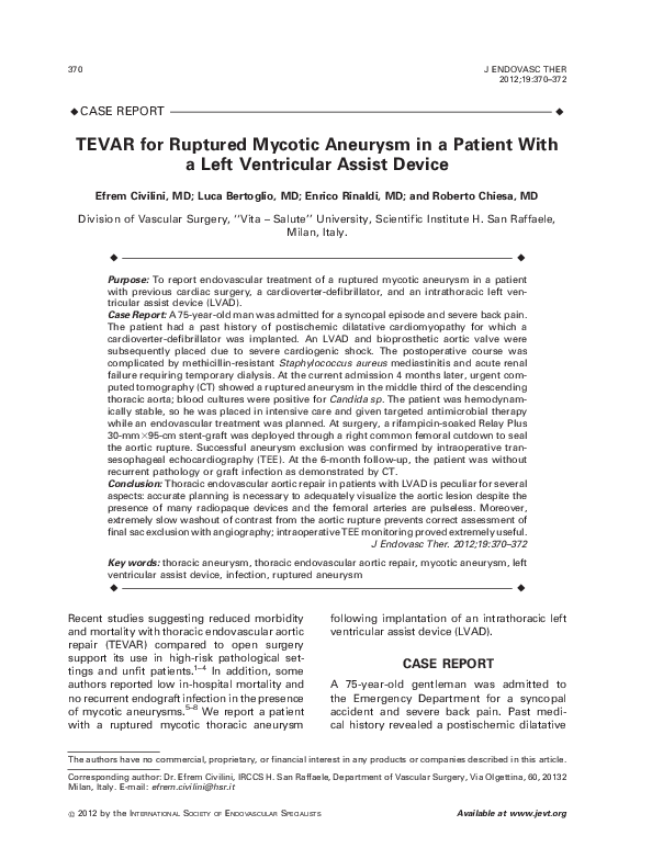 (PDF) TEVAR for Ruptured Mycotic Aneurysm in a Patient With a Left ...