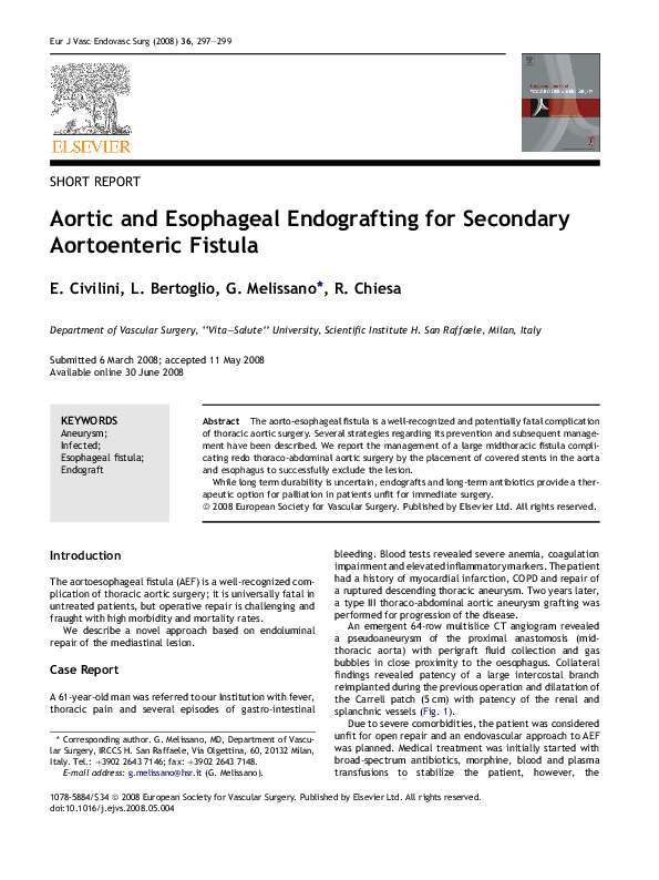 (PDF) Aortic and Esophageal Endografting for Secondary Aortoenteric Fistula