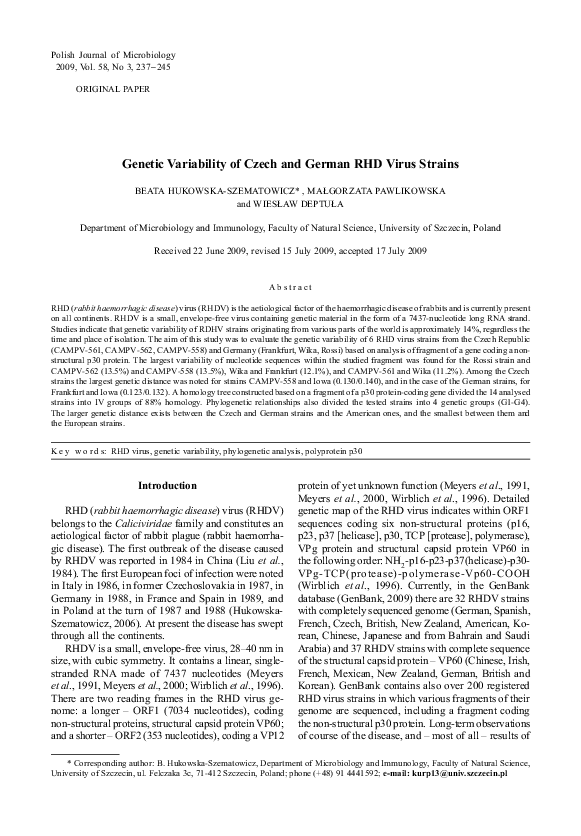 (PDF) Genetic variability of Czech and German RHD virus strains