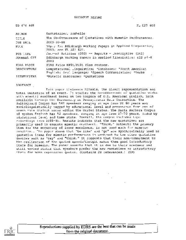 (PDF) The Co-Occurrence of Quotatives with Mimetic Performances