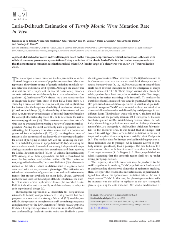 (PDF) Luria-Delbruck Estimation of Turnip Mosaic Virus Mutation Rate In ...