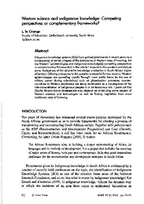 (PDF) Western science and indigenous knowledge: Competing perspectives ...