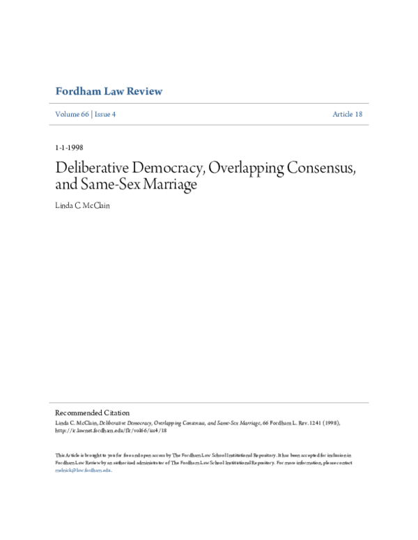 (PDF) Deliberative Democracy, Overlapping Consensus, and Same-Sex Marriage