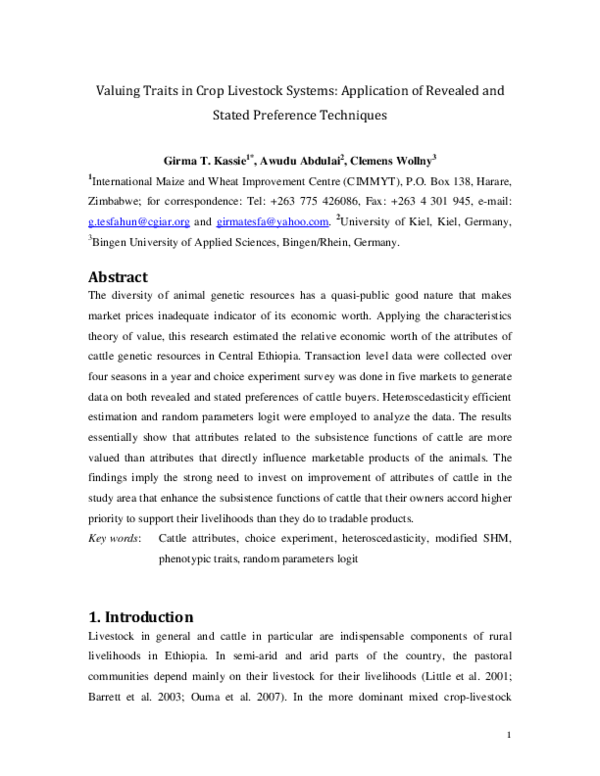 (PDF) Valuing Traits in Crop Livestock Systems: Application of Revealed and Stated Preference ...