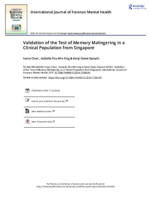 (PDF) Validation of the Test of Memory Malingering in a Clinical ...