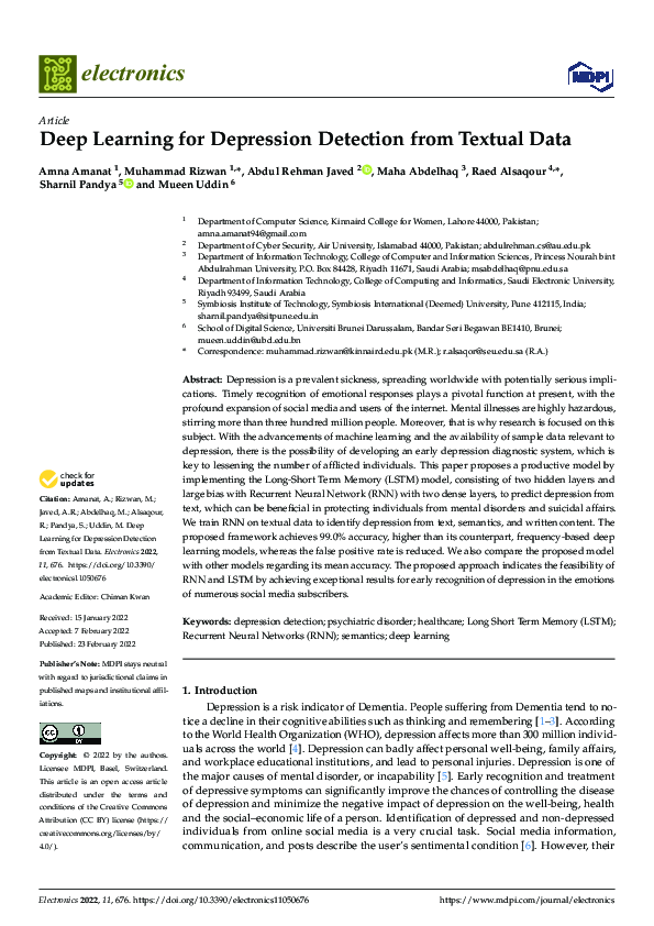 Pdf Deep Learning For Depression Detection From Textual Data