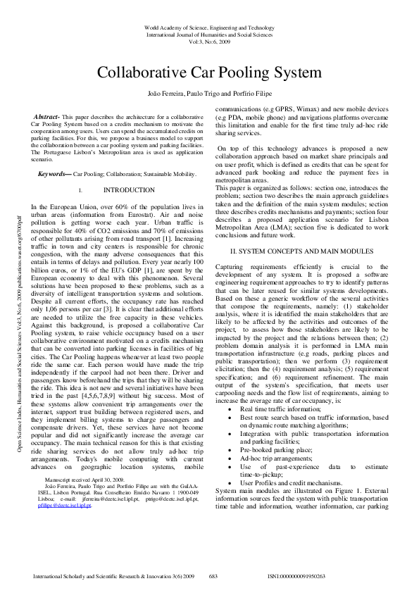 (PDF) Collaborative Car Pooling System