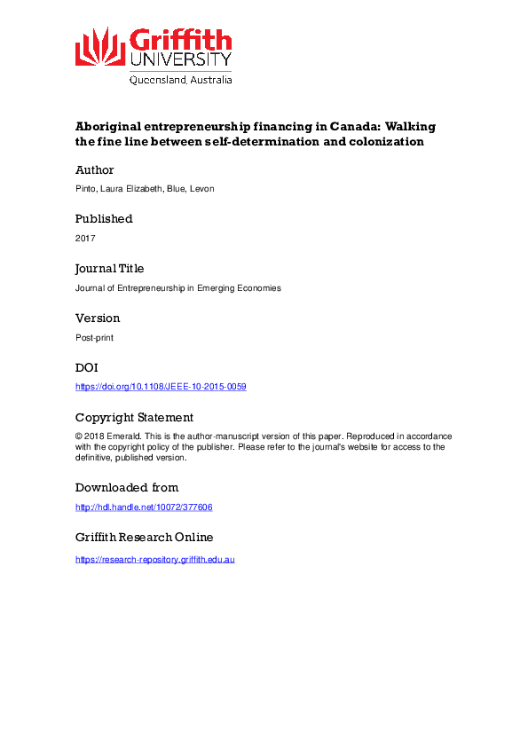 (PDF) Aboriginal entrepreneurship financing in Canada