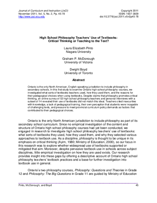 (PDF) High School Philosophy Teachers’ Use of Textbooks: Critical ...
