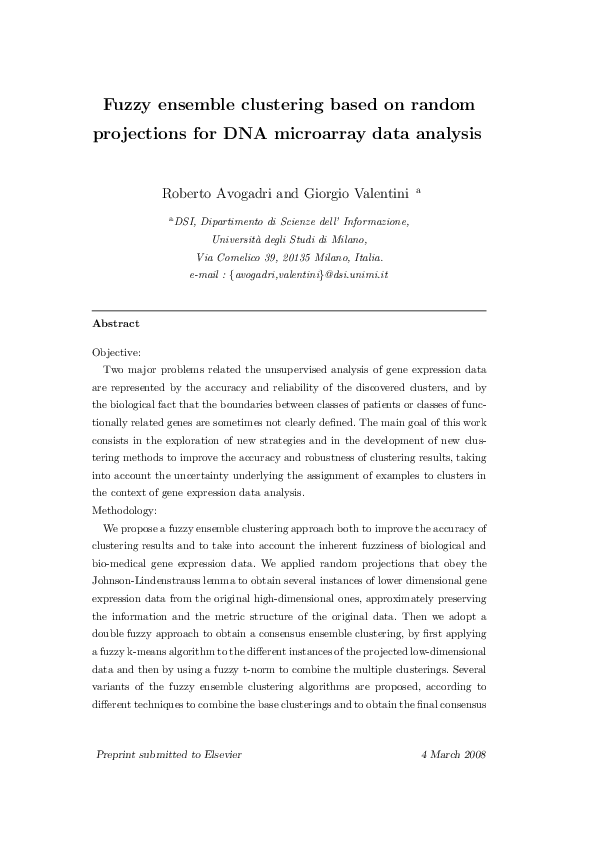 (PDF) Fuzzy ensemble clustering based on random projections for DNA microarray data analysis ...