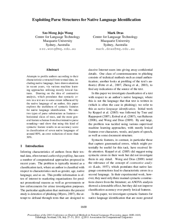 (PDF) Exploiting Parse Structures for Native Language Identification | Jojo Wong - Academia.edu