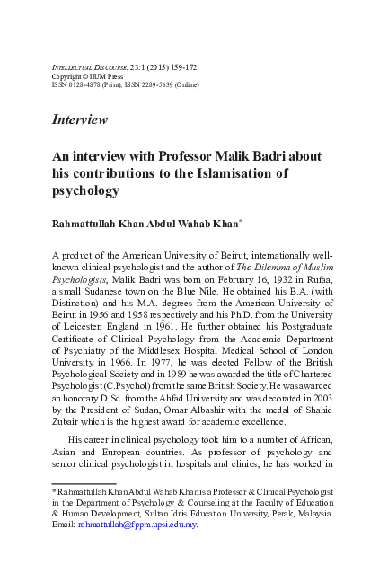 (PDF) Interview An interview with Professor Malik Badri about his ...