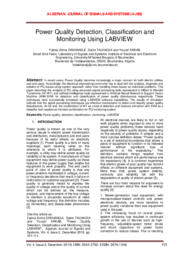 (PDF) Power Quality Detection, Classification and Monitoring Using LABVIEW