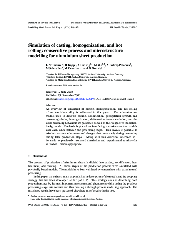 (PDF) Simulation of casting, homogenization, and hot rolling: consecutive process and ...
