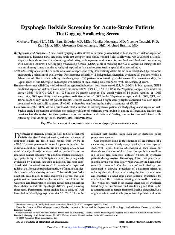 (PDF) Dysphagia Bedside Screening for Acute-Stroke Patients: The Gugging Swallowing Screen