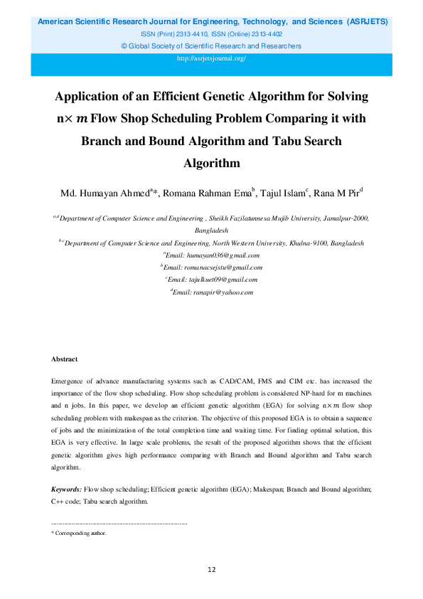 (PDF) Efficient Genetic Algorithm for Flow Shop Scheduling Problem