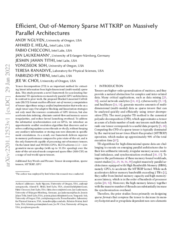 (PDF) Efficient, Out-of-Memory Sparse MTTKRP on Massively Parallel Architectures
