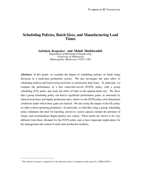 (PDF) Scheduling policies, batch sizes, and manufacturing lead times