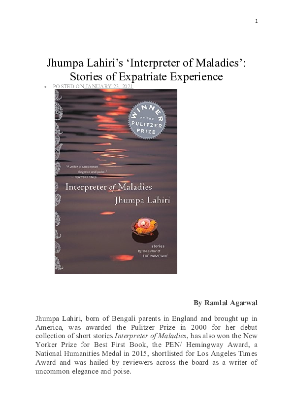 (DOC) Jhumpa Lahiri's Interpreter of Maladies