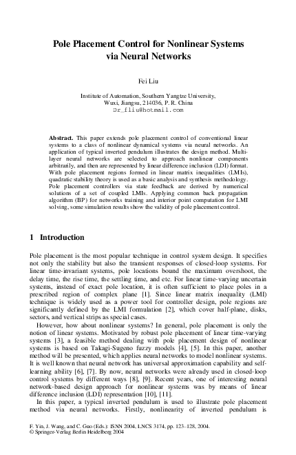 (PDF) Pole Placement Control for Nonlinear Systems via Neural Networks