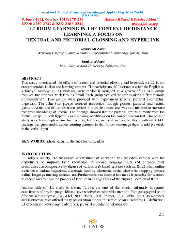 (PDF) L2 Idiom Learning in the Context of Distance Learning: A Focus on ...