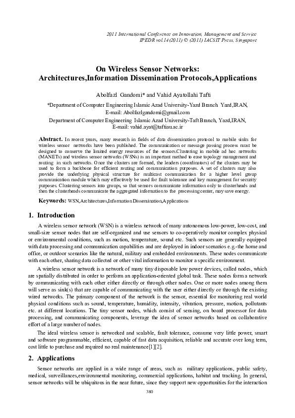 (PDF) On Wireless Sensor Networks: Architectures, Information Dissemination Protocols ...
