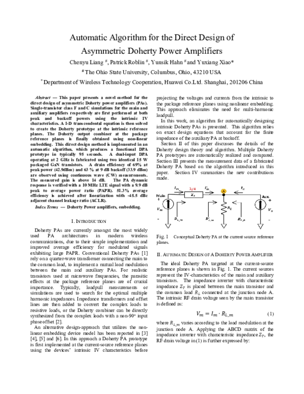 (PDF) Automatic Algorithm for the Direct Design of Asymmetric Doherty Power Amplifiers