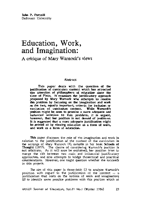 (PDF) Education, Work, and Imagination: A Critique of Mary Warnock's Views
