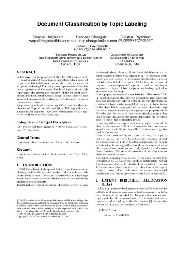 (PDF) Document classification by topic labeling
