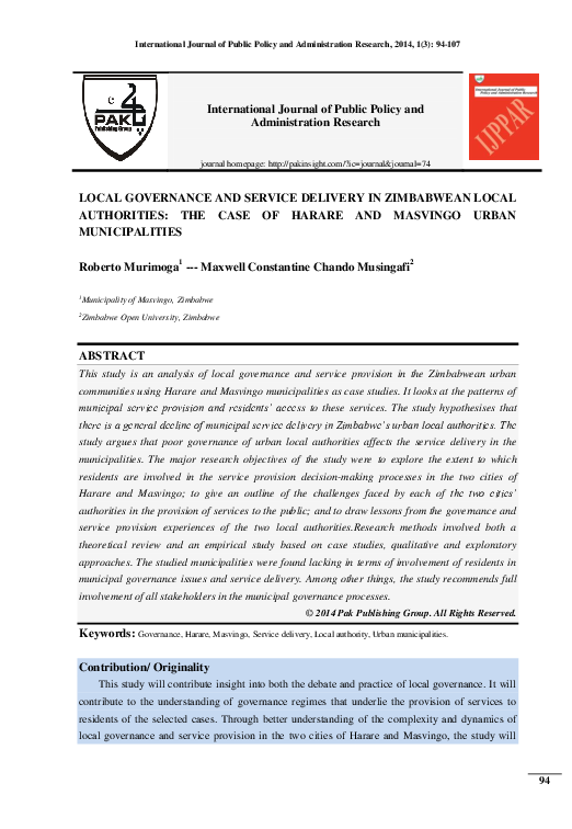 (PDF) Local Governance and Service Delivery in Zimbabwean Local ...