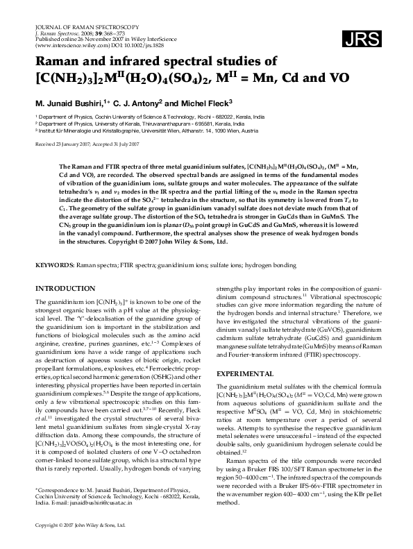 (PDF) Raman and infrared spectral studies of [C(NH2)3]2MII(H2O)4(SO4)2 ...