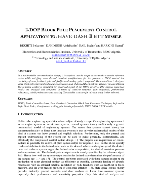 (PDF) 2-DOF Block Pole Placement Control Application To: Have-DASH-IIBITT Missile
