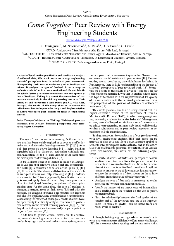 (PDF) Come Together: Peer Review with Energy Engineering Students