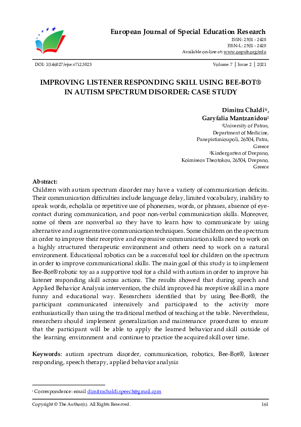 (PDF) Improving Listener Responding Skill Using Bee-Bot® in Autism ...