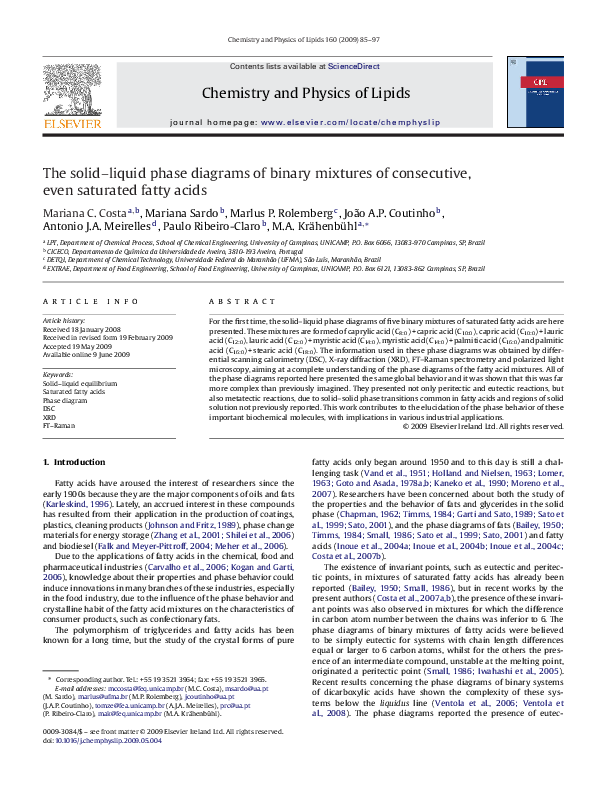 (PDF) The solid–liquid phase diagrams of binary mixtures of consecutive, even saturated fatty acids