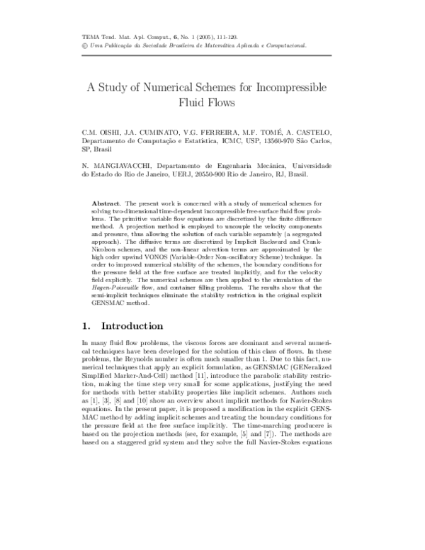 (PDF) A Study of Numerical Schemes for Incompressible Fluid Flows