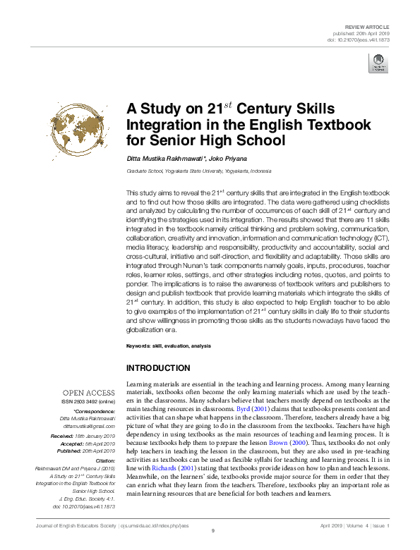 (PDF) A Study on 21 Century Skills Integration in the English Textbook for Senior High School