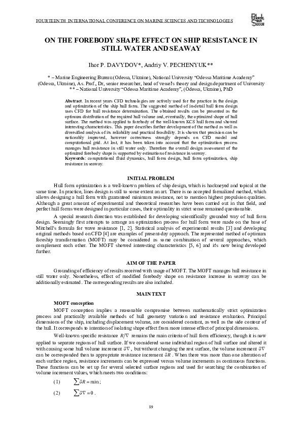 (PDF) ON THE FOREBODY SHAPE EFFECT ON SHIP RESISTANCE IN STILL WATER ...