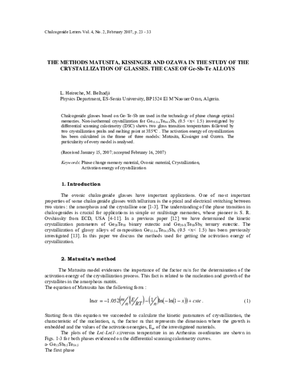 (PDF) THE METHODS MATUSITA, KISSINGER AND OZAWA IN THE STUDY OF THE CRYSTALLIZATION OF GLASSES ...