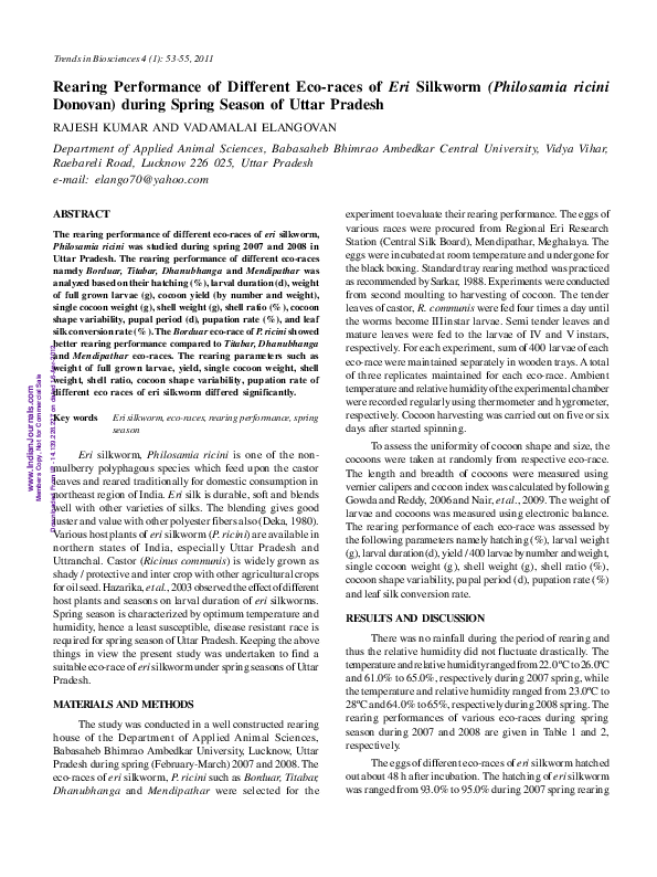(PDF) Rearing performance of different eco-races of eri silkworm ...