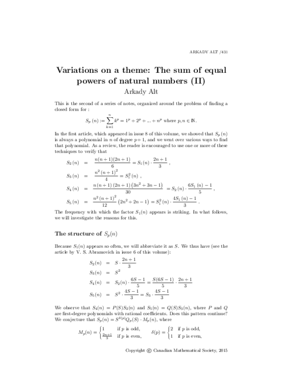 (PDF) Variations on a theme: The sum of equal powers of natural numbers ...