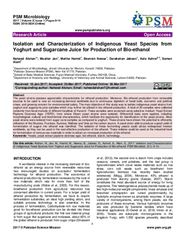 (PDF) Isolation and Characterization of Indigenous Yeast Species from Yoghurt and Sugarcane ...