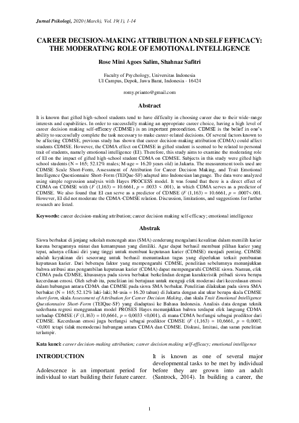 (PDF) Career Decision-Making Attribution and Self Efficacy: The Moderating Role of Emotional ...