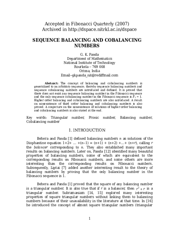 (PDF) Sequence Balancing and Cobalancing Numbers