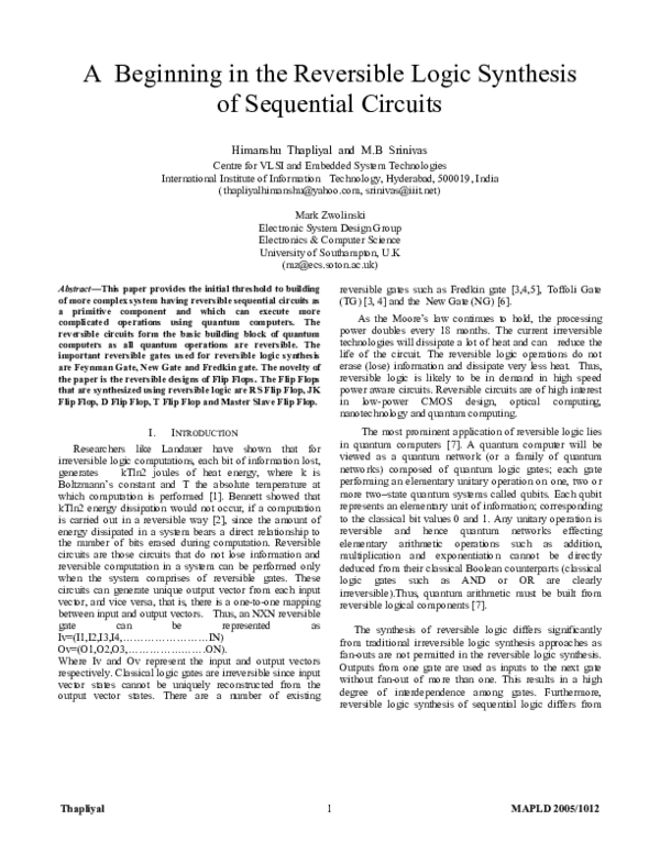 Pdf A Beginning In The Reversible Logic Synthesis Of Sequential Circuits